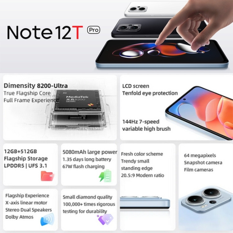 Xiaomi Redmi Note 12T Pro 5G, appareil photo 64MP, 8 Go + 256 Go, Caméras triple arrière ...