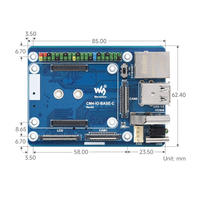 Waveshare CM4-IO-BASE-C pour module de calcul Raspberry Pi 4 Mini carte de base, 23228